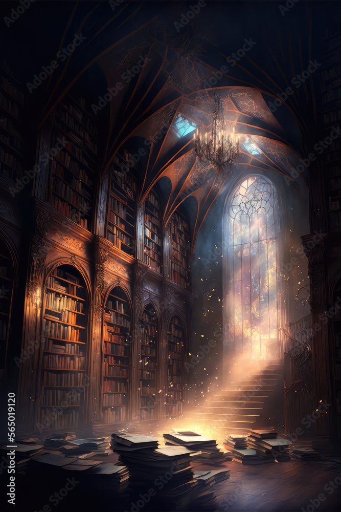Fantasy gothic library in cathedral. Fantasy magical scene. Generative ...