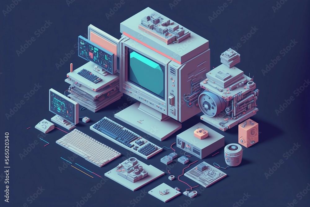 Isometric computer graphic. Modern computer desktop. Digital project of ...