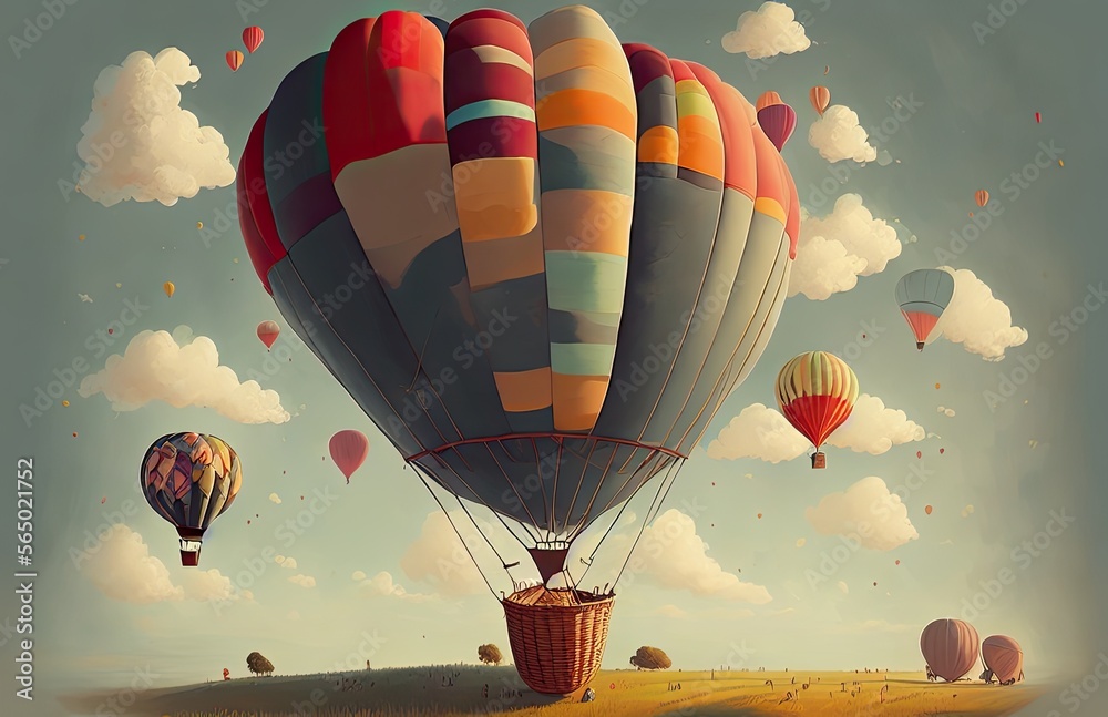 Hot air balloon in sky. AI generated art illustration. Stock ...