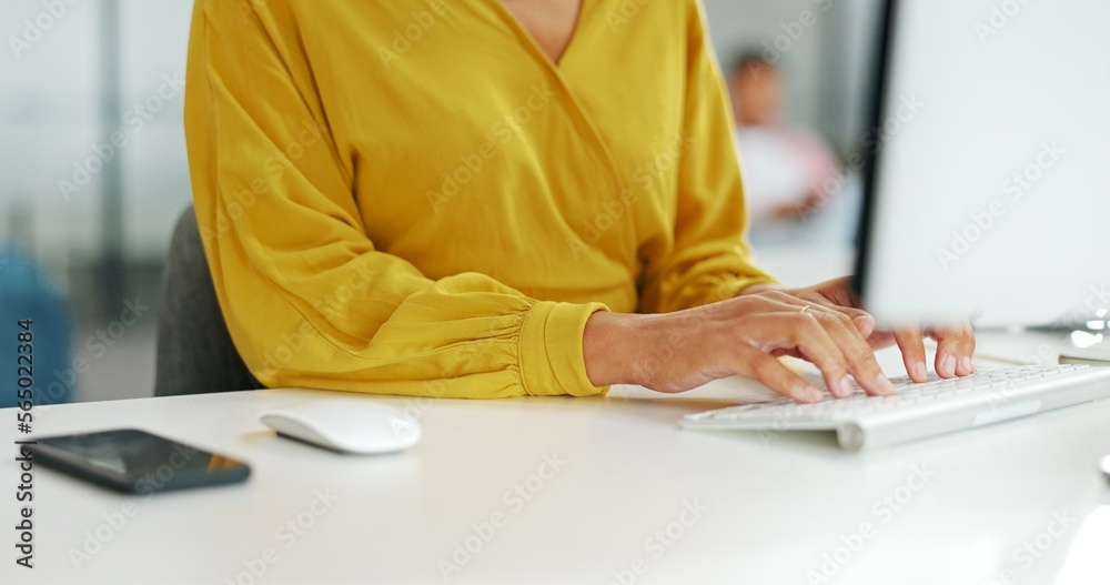 Computer, keyboard and black woman typing in office, working on email ...