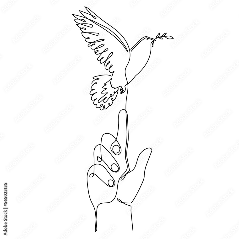 Hand with dove of peace and olive branch, one line art continuous ...