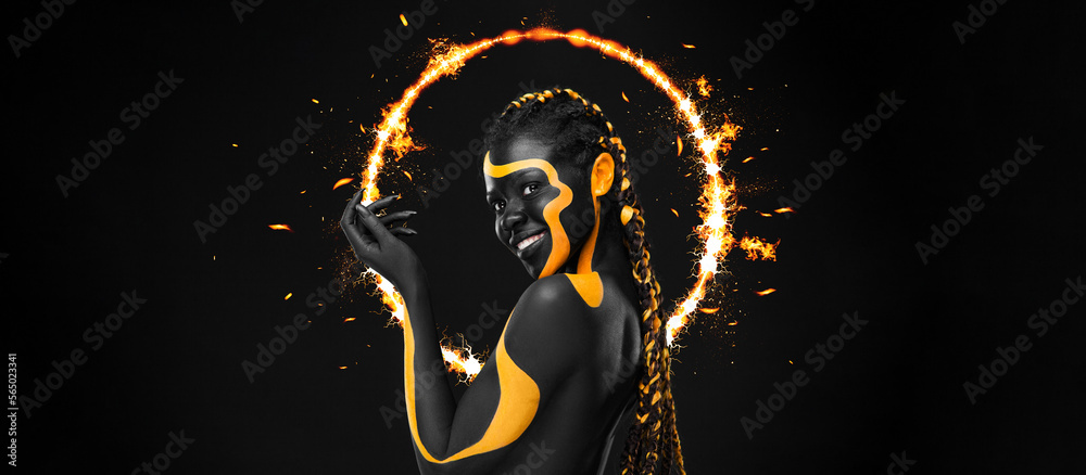 Woman on poster with face art. Yellow body paint. Girl with bodypaint ...
