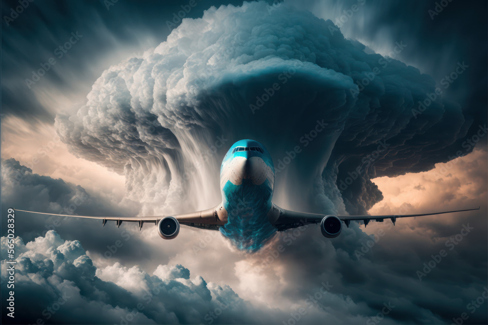 Big plane coming out of heavy thunder and lightning clouds. Stock ...