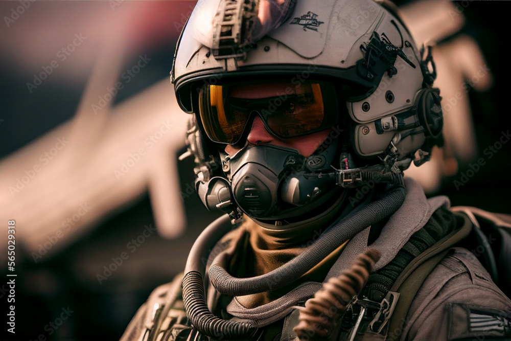 Military pilot portrait while he sits in a war plane. Generative AI ...