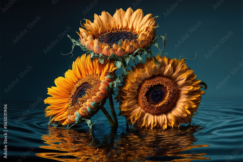 a group of sunflowers sitting in the water with their heads turned ...