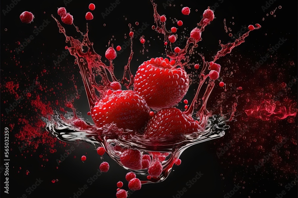 a splash of water with some raspberries in it and some water droplets ...