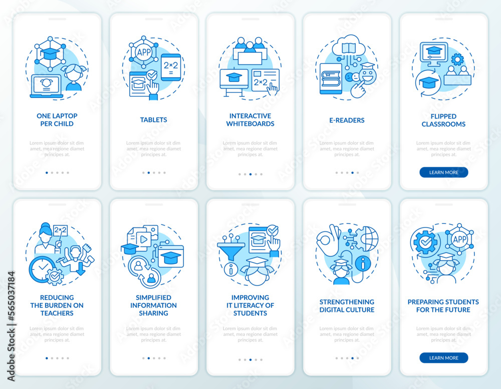 ICT in education industry blue onboarding mobile app screens set ...