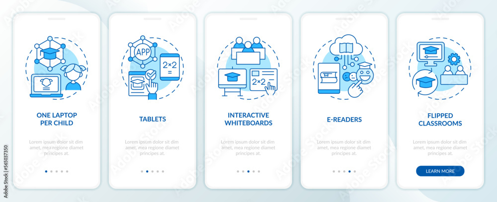 ICT educational applications blue onboarding mobile app screen. Data ...
