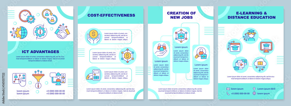 ICT advantages mint green brochure template. Leaflet design with linear ...
