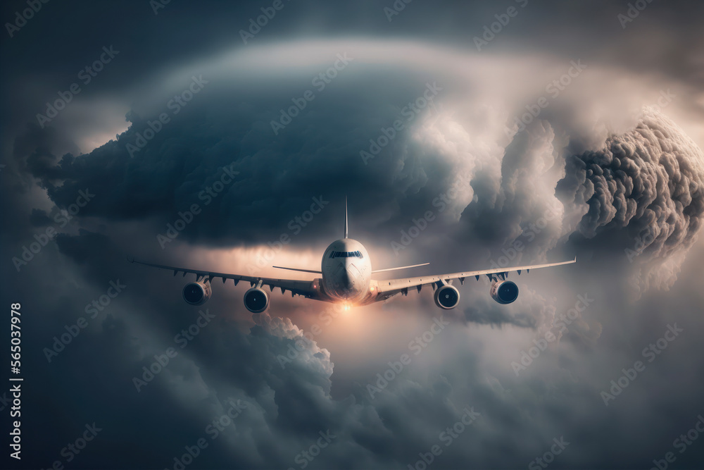 Big plane coming out of heavy thunder and lightning clouds. Stock ...