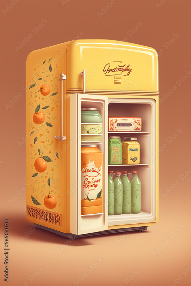 Illustration of a retro 70s refrigerator. Classic fridge. 70s design ...