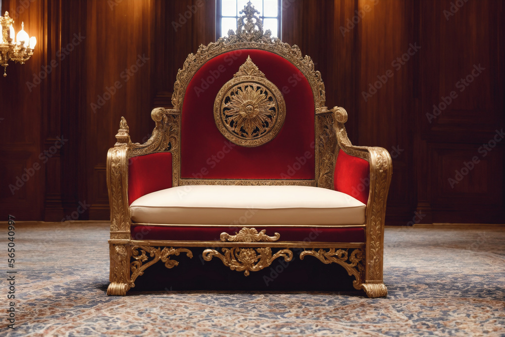 empty golden royal throne with red and white material on marble floor ...