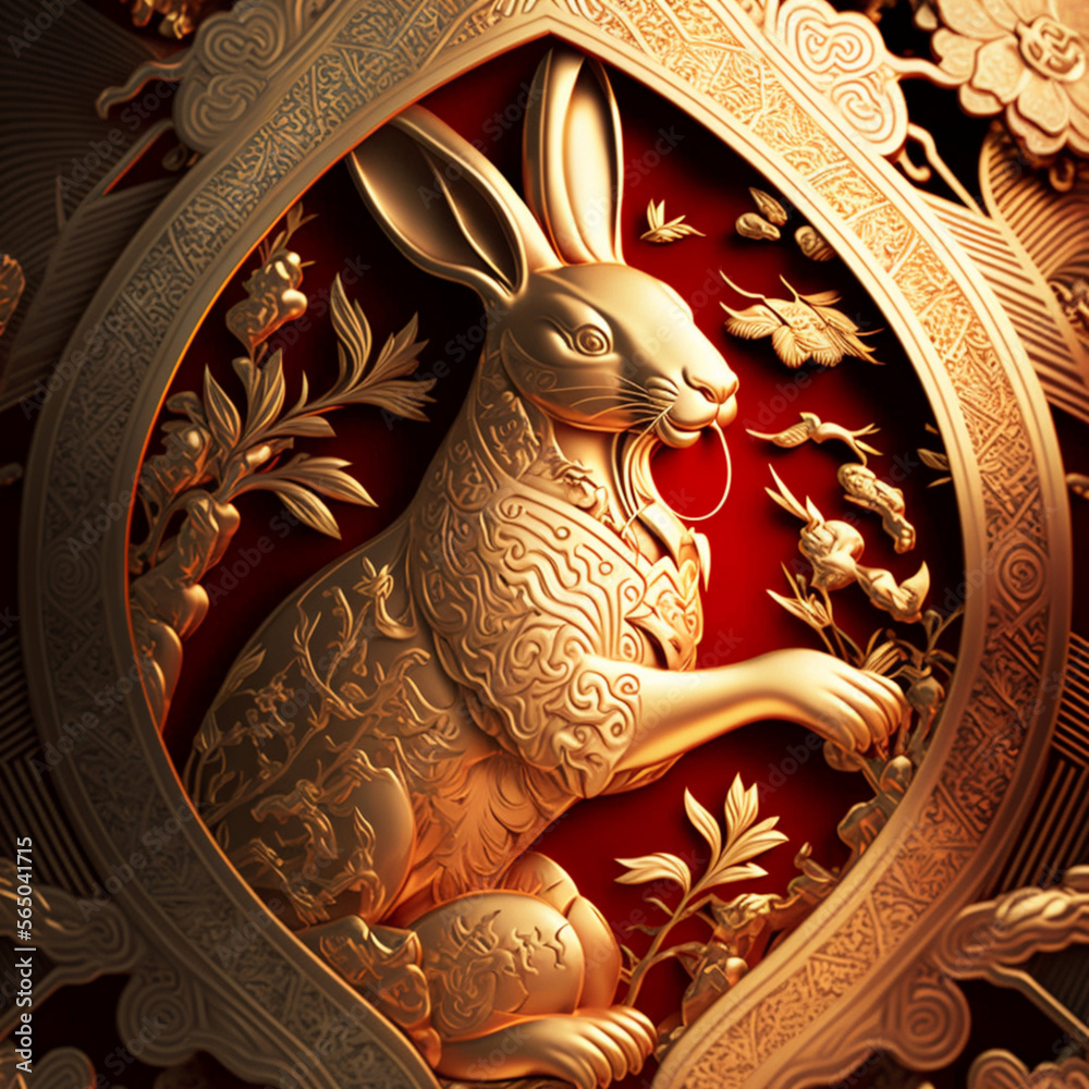 Lavish image of the God of Wealth in the Year of the Rabbit, rich in ...