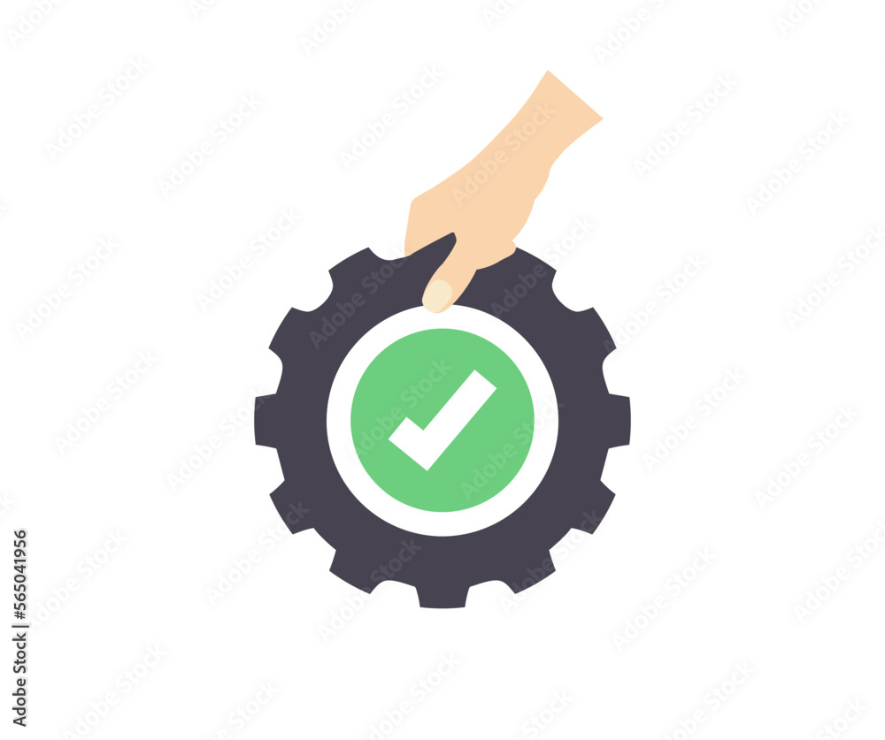 Hand holding gear, settings icon and approved, confirm, done, tick ... Hand holding gear, settings icon and approved, confirm, done, tick ...