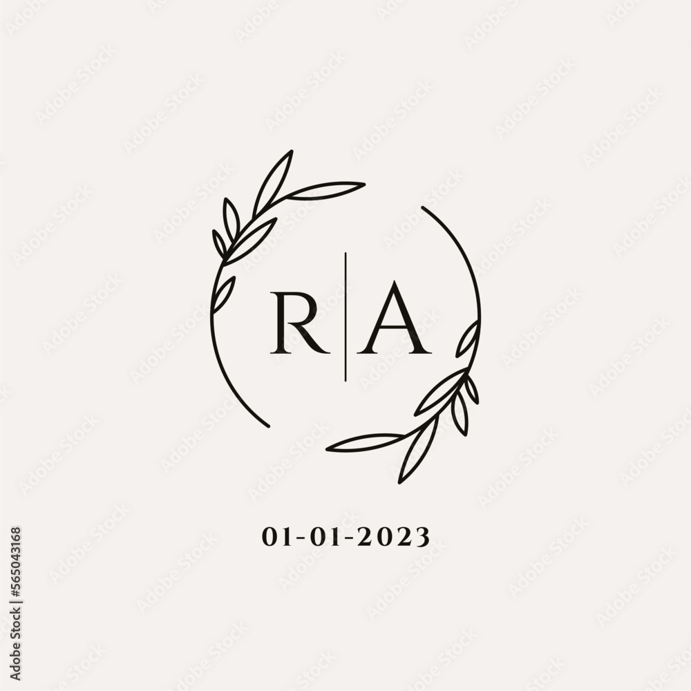 Letter RA wedding monogram logo design with simple natural circle leaf ...