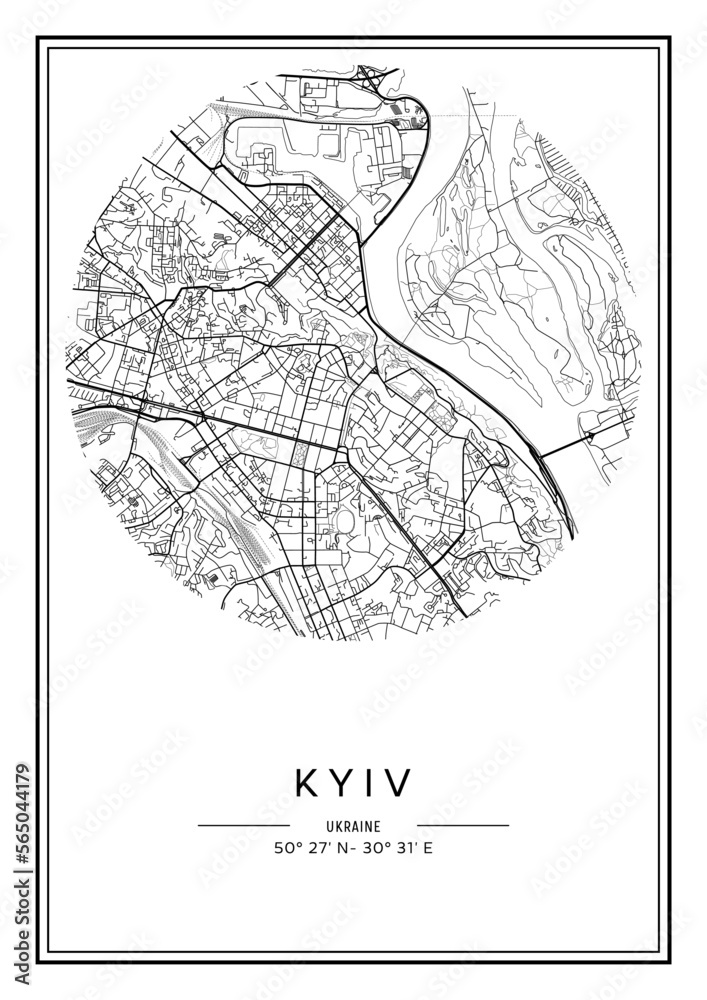 Black and white printable Kyiv city map, poster design, vector ...