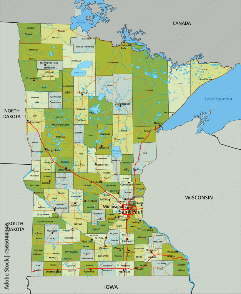 Highly detailed editable political map with separated layers. Minnesota ...