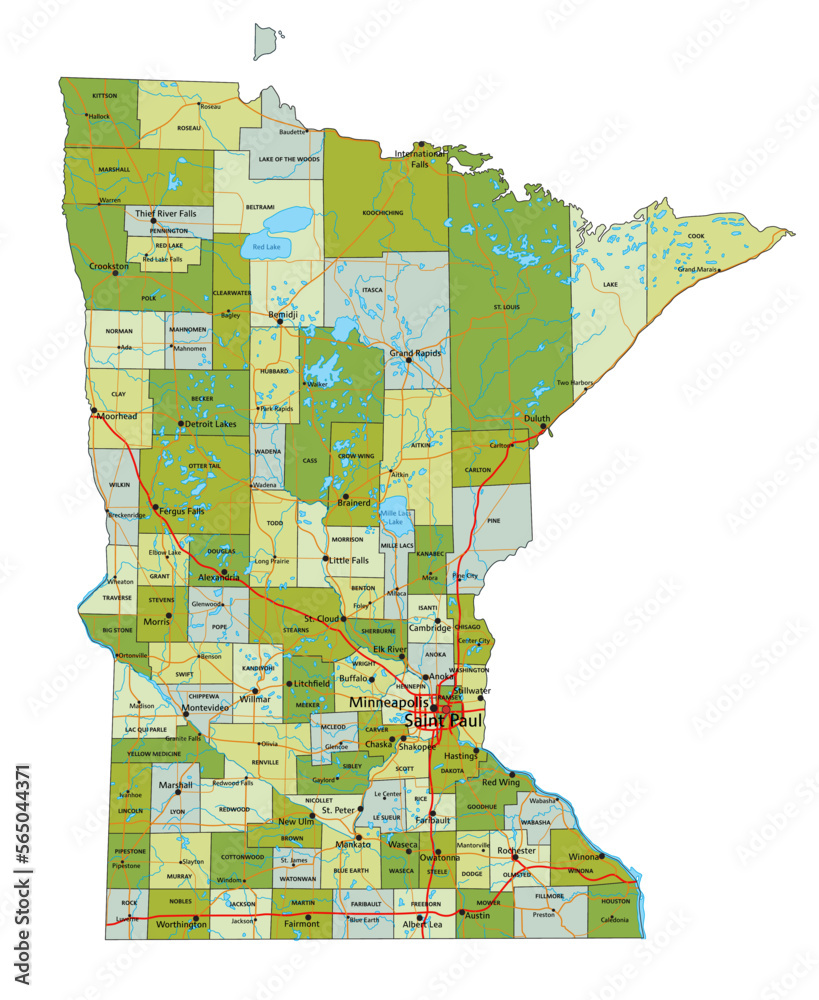 Highly detailed editable political map with separated layers. Minnesota ...