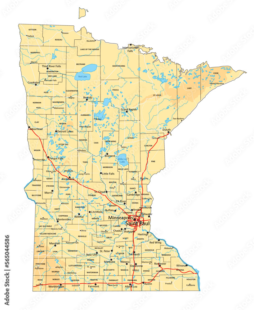 High detailed Minnesota physical map with labeling. Stock Vector ...
