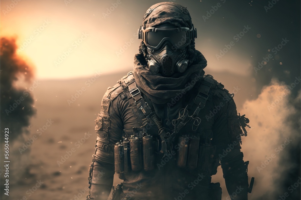 Brutal military man in uniform. This powerful photograph depicts a ...