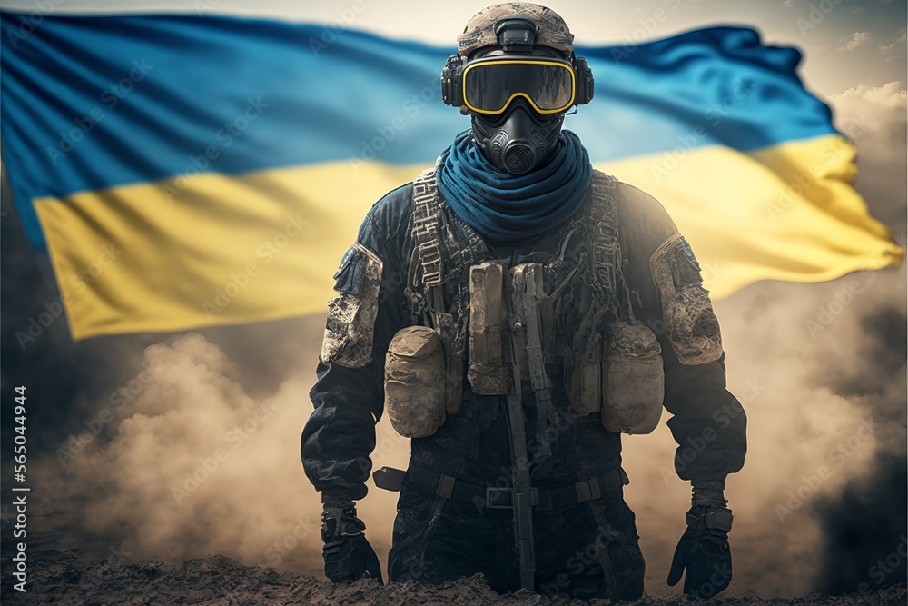 Brutal Ukrainian soldier in uniform. Flag of Ukraine in the background ...