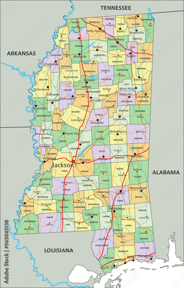 Mississippi - Highly detailed editable political map with labeling ...