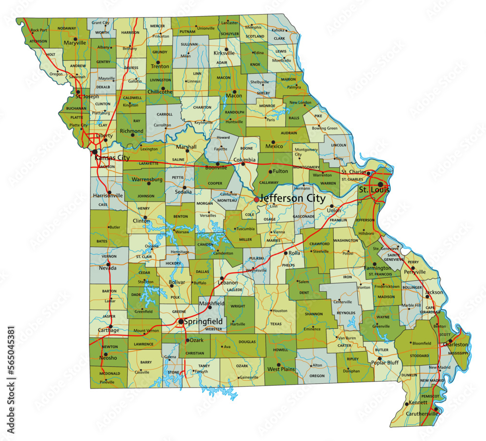 Highly detailed editable political map with separated layers. Missouri ...
