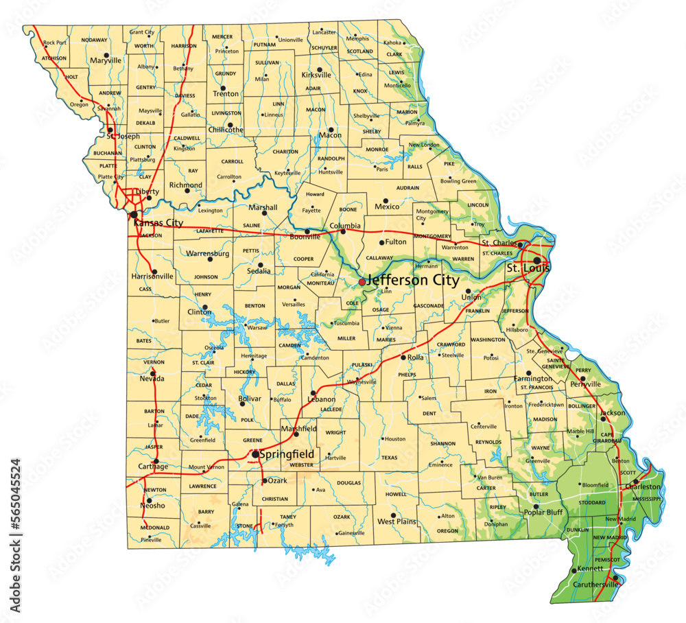 High detailed Missouri physical map with labeling. Stock Vector | Adobe ...