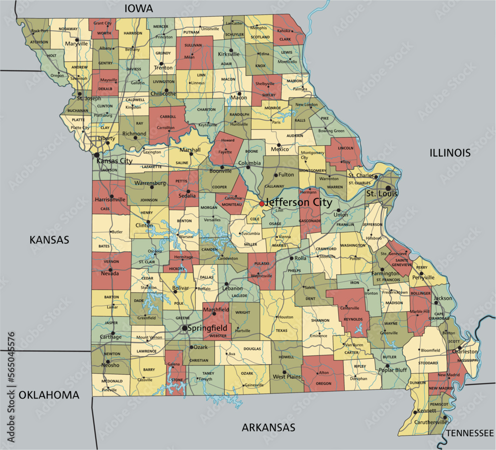 Missouri - Highly detailed editable political map with labeling. Stock ...