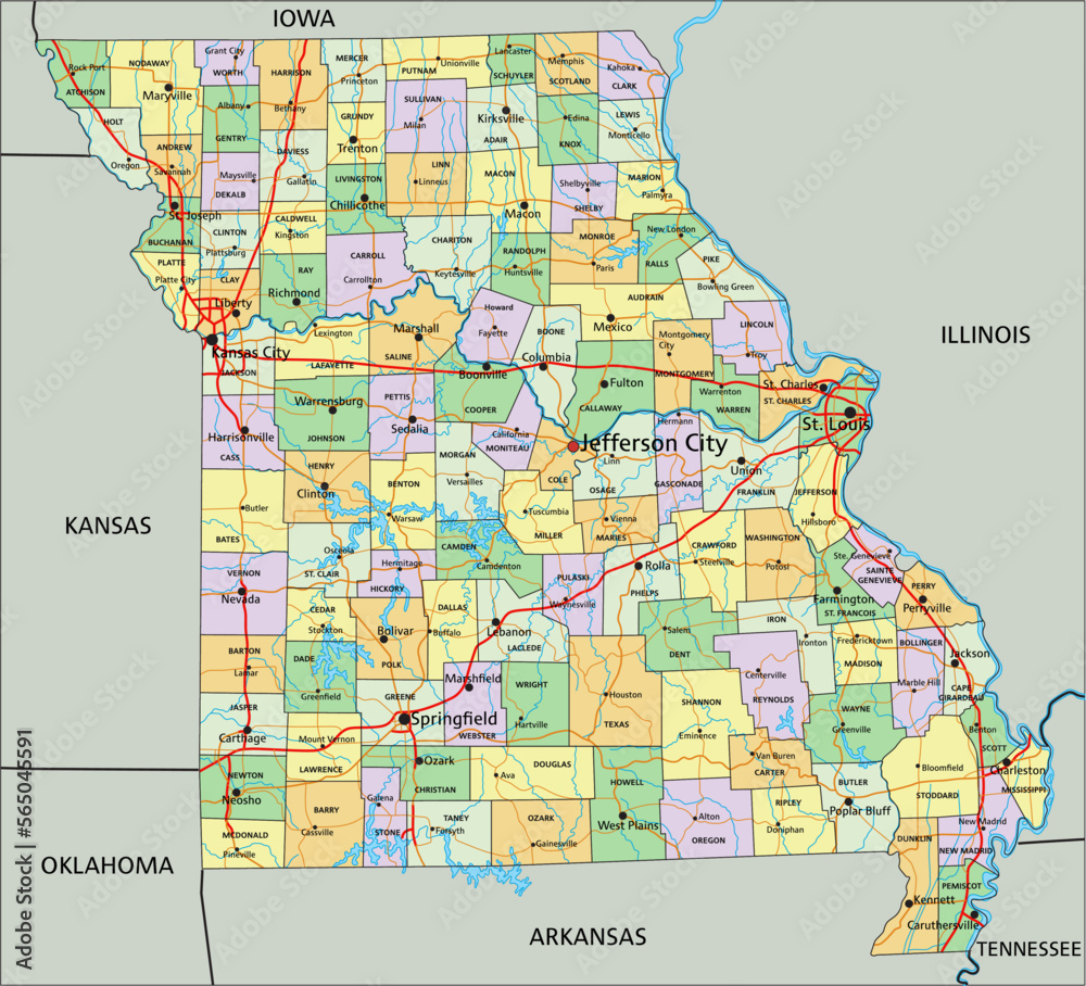 Missouri - Highly detailed editable political map with labeling. Stock ...