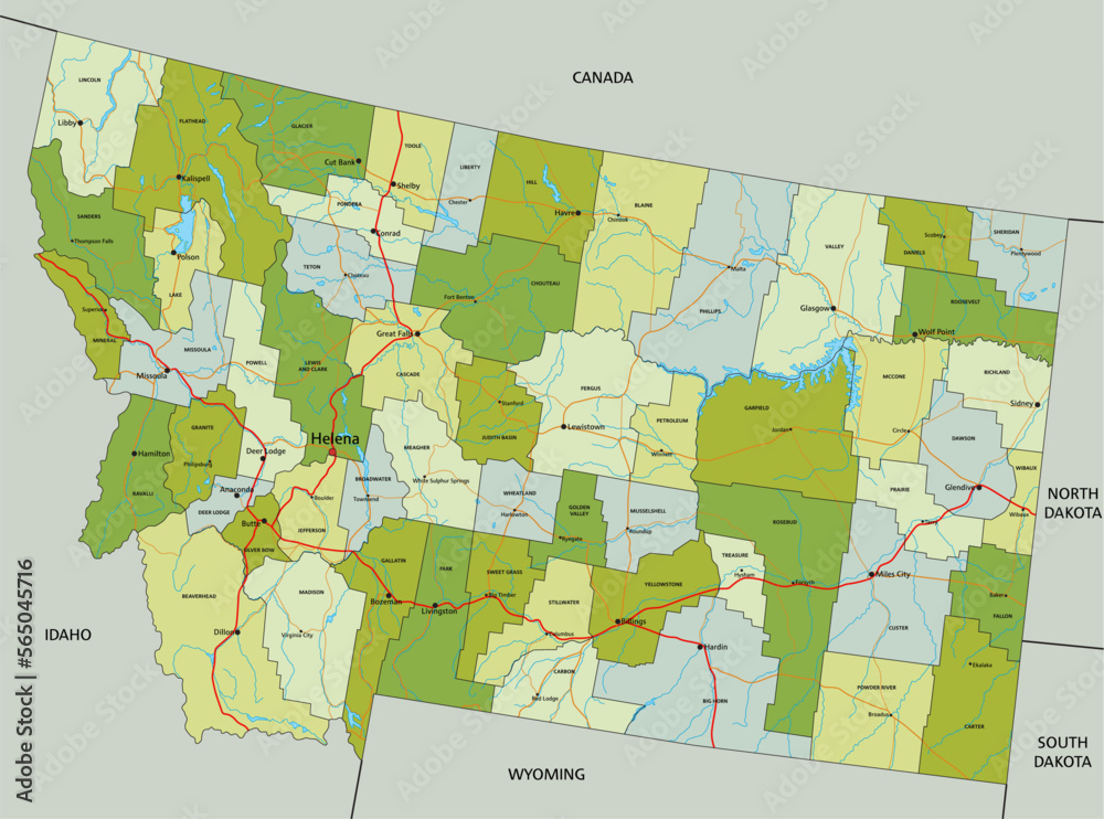 Highly detailed editable political map with separated layers. Montana ...