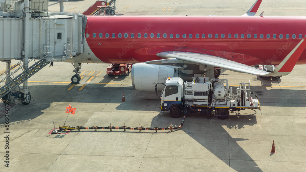 Aircraft refueling by high pressure fuel supply truck. Refueling ...