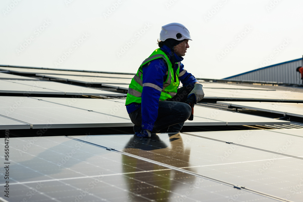 Professional technicians installing solar panels on rooftop of plant ...