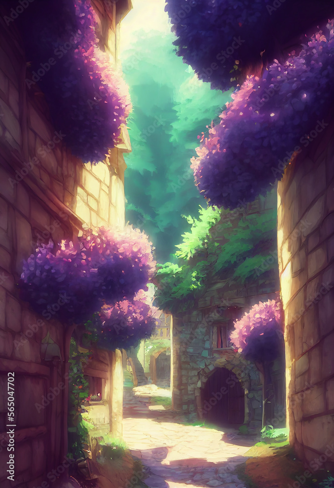 medieval alleyway wisteria cozy summer anime background animation ...