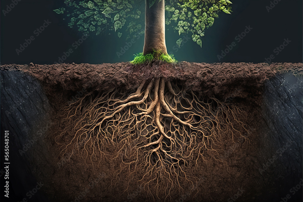 Root system of a tree growing underground, soil section concept ...