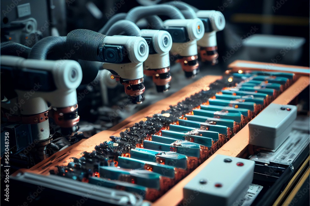 Robot assembly line with electric car battery cells module on platform ...