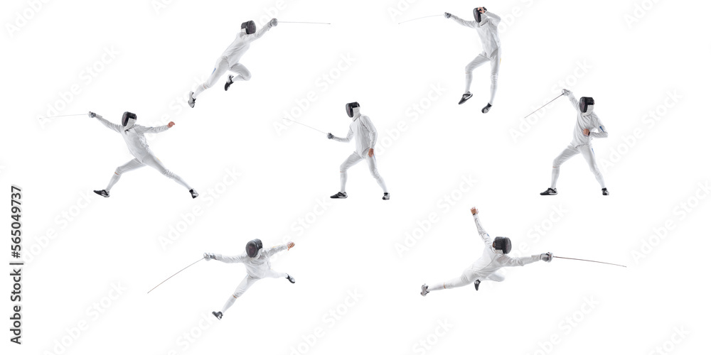 Collage. Dynamic studio shots of male professional fencer in white ...