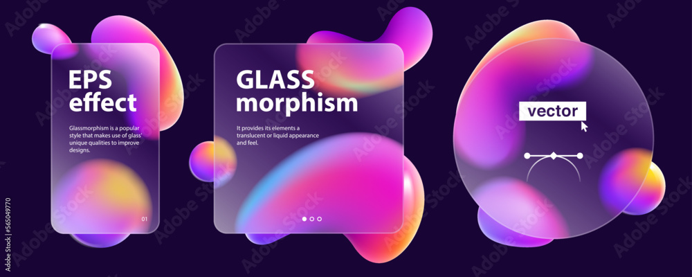 Glassmorphism frames, transparent glass plates with floating shapes ...