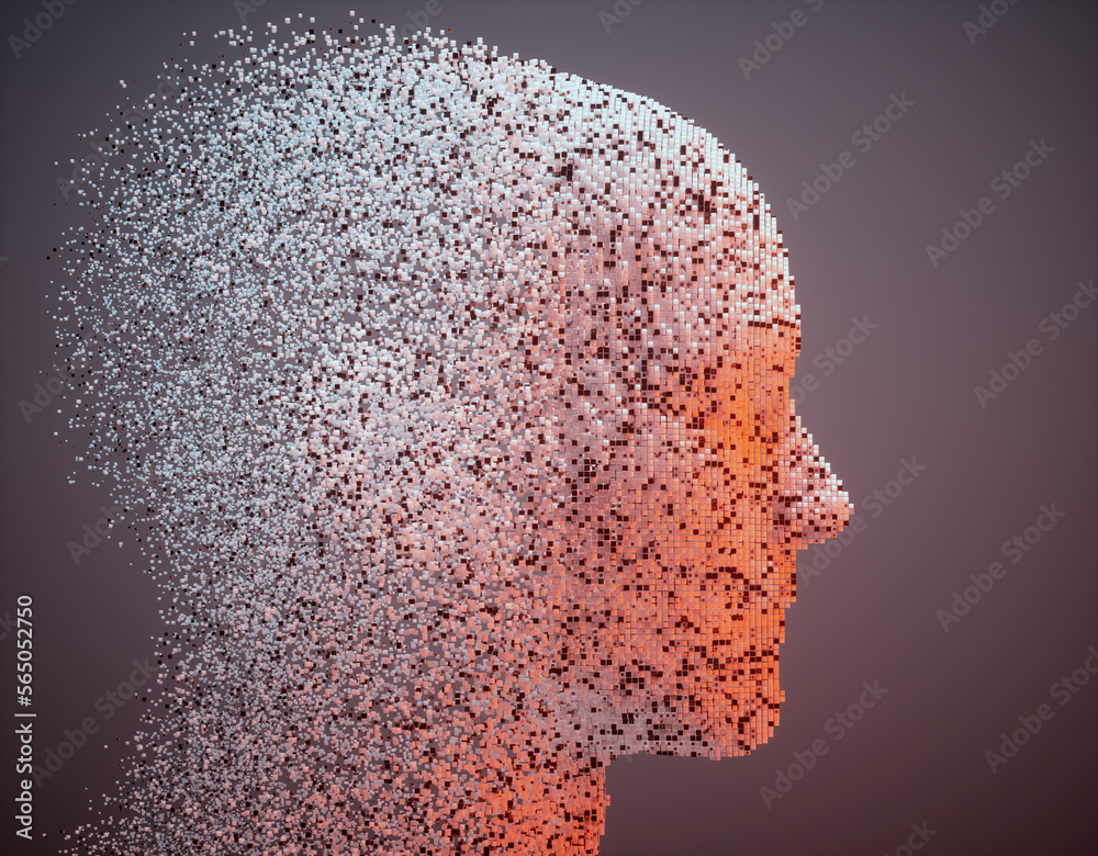 3D dissolving human head made with cube particles. Stock Illustration ...