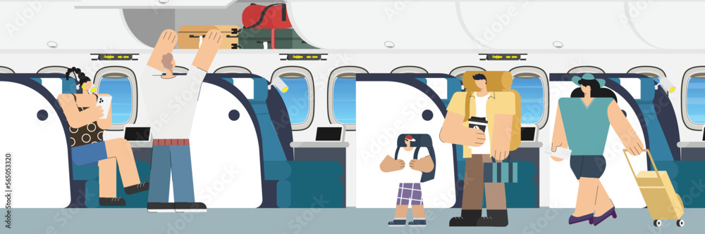 people passenger boarding airplane to sitting on chairs in plane ...