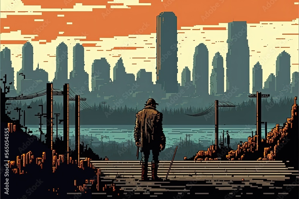 Pixel art landscape of post-apocalyptic world, city in zombie ...