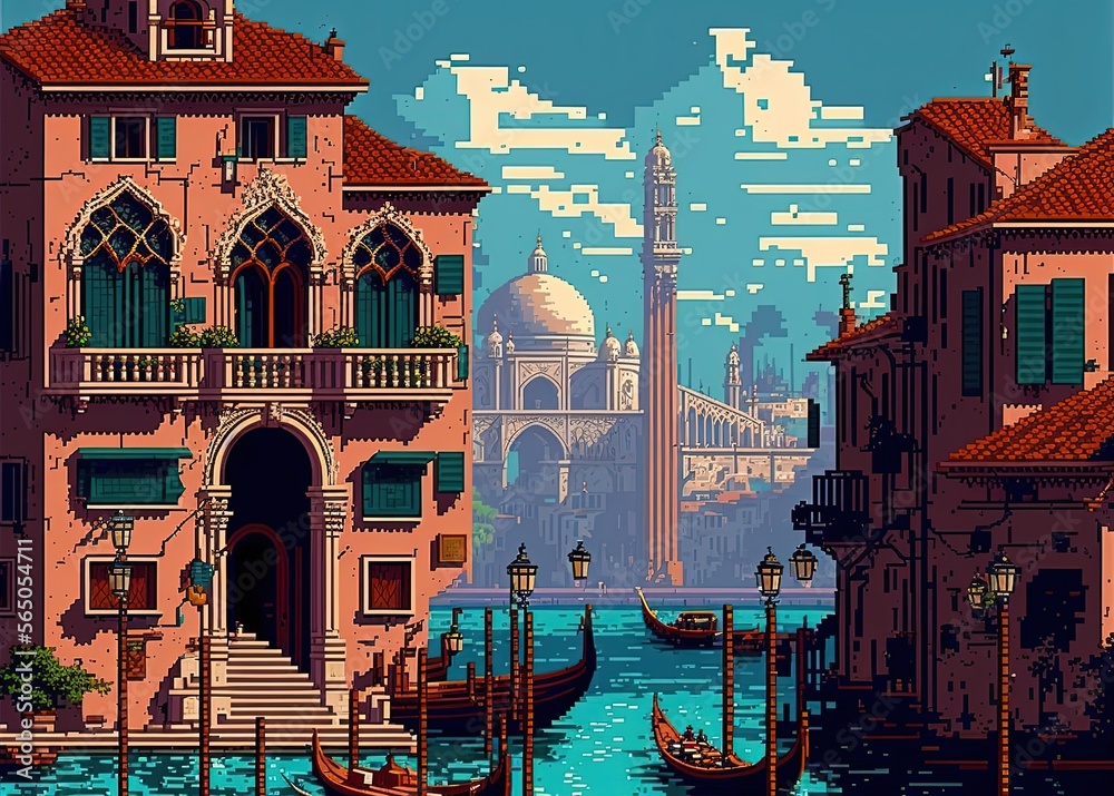 Pixel art city of Venice, grand canal of venice, cityscape background ...