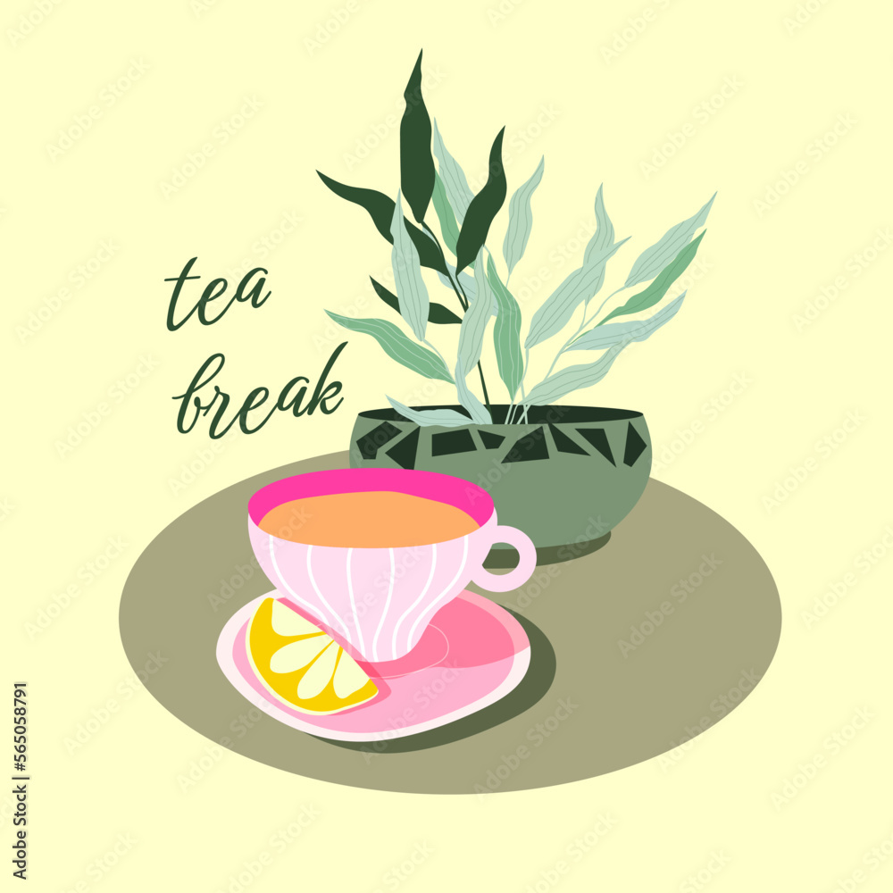 Cartoon cup of tea with lemon. Tea break.Vector cartoon. You can use on ...
