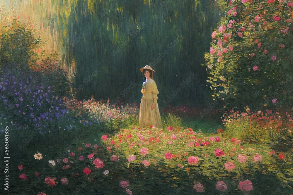 Vintage oil rococo painting of woman in field of flowers Made with ...