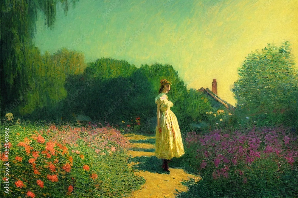 Vintage oil rococo painting of woman in field of flowers Made with ...