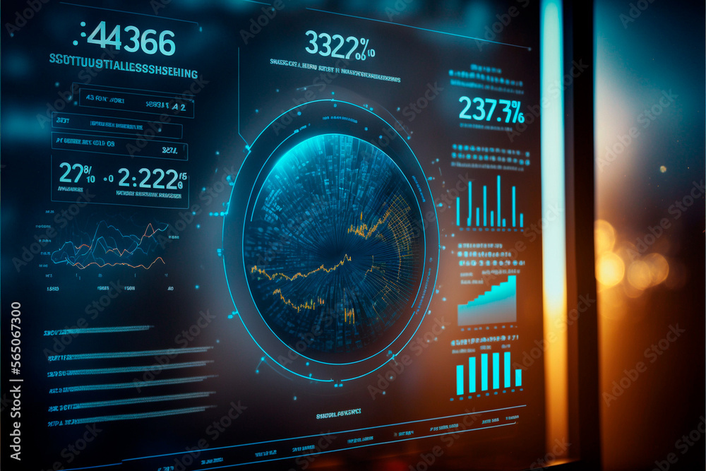 digital dashboard in 2023 against blue hologram. Artificial ...