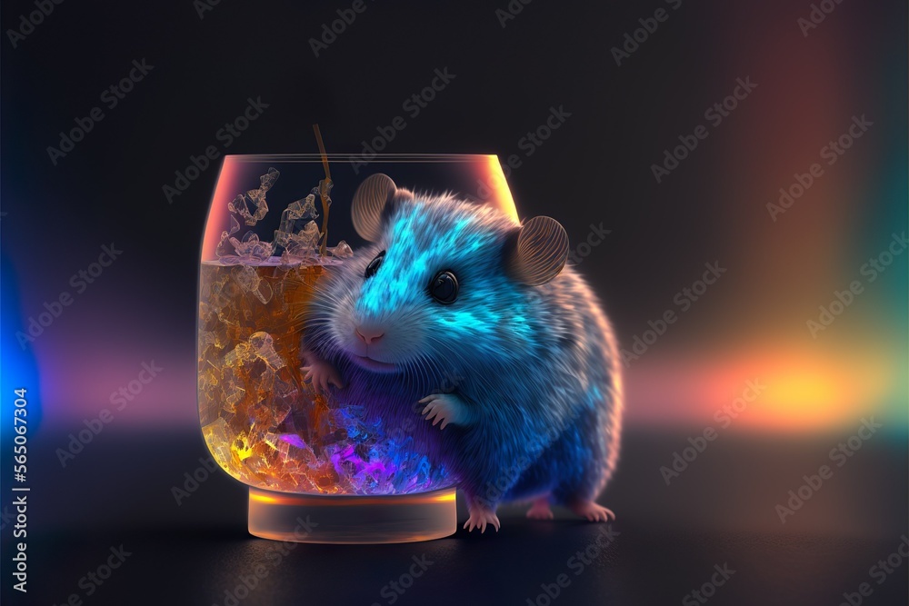 Colorful mouse hugging to drink glass. Colorful lights on the brown ...