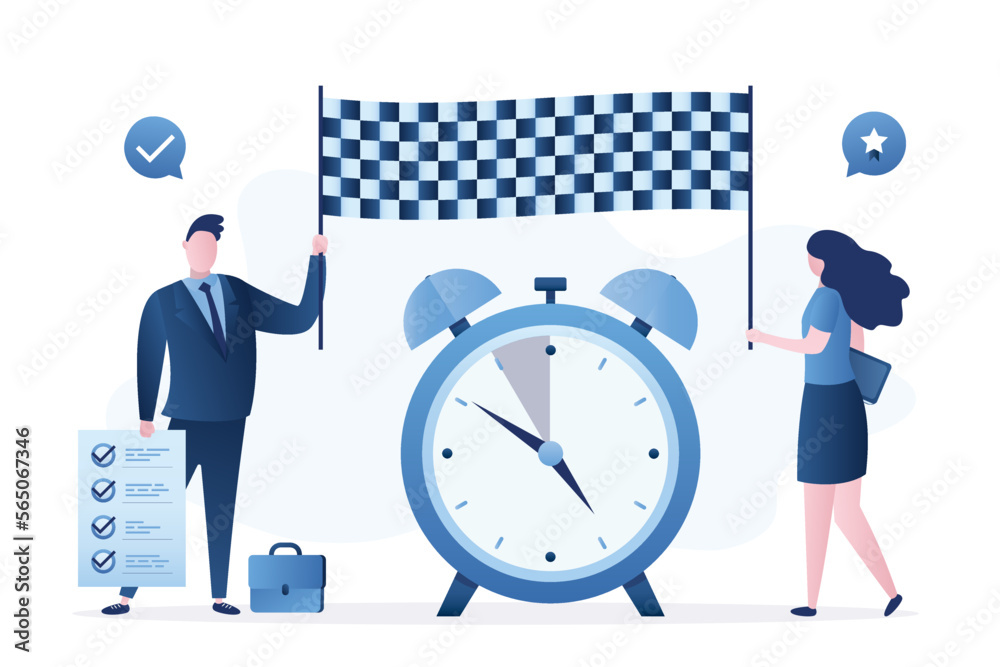 Happy entrepreneurs holding big finish flag and to-do list. Teamwork ...