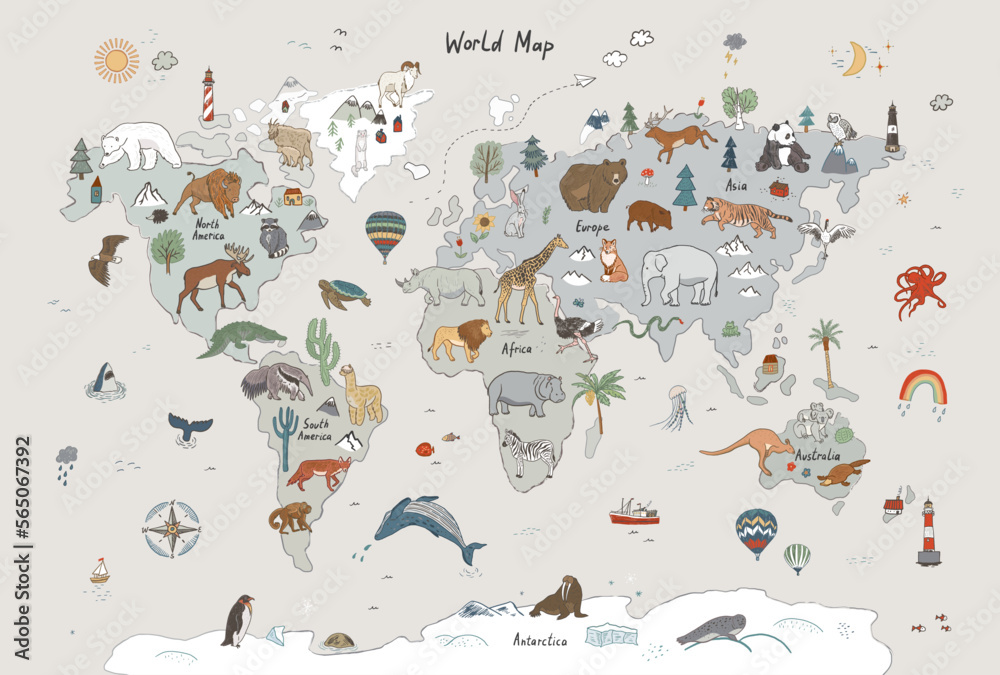 Animals world map vector illustration. Stock Vector | Adobe Stock
