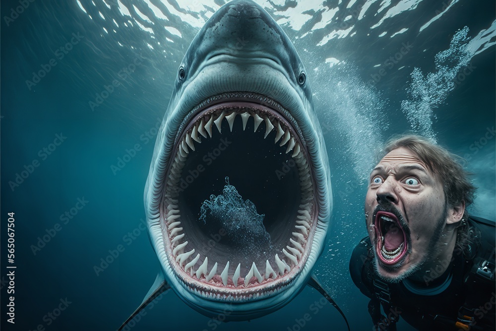 Shark attacks a fictional scuba diver underwater. open mouth with great teeth, horror ...